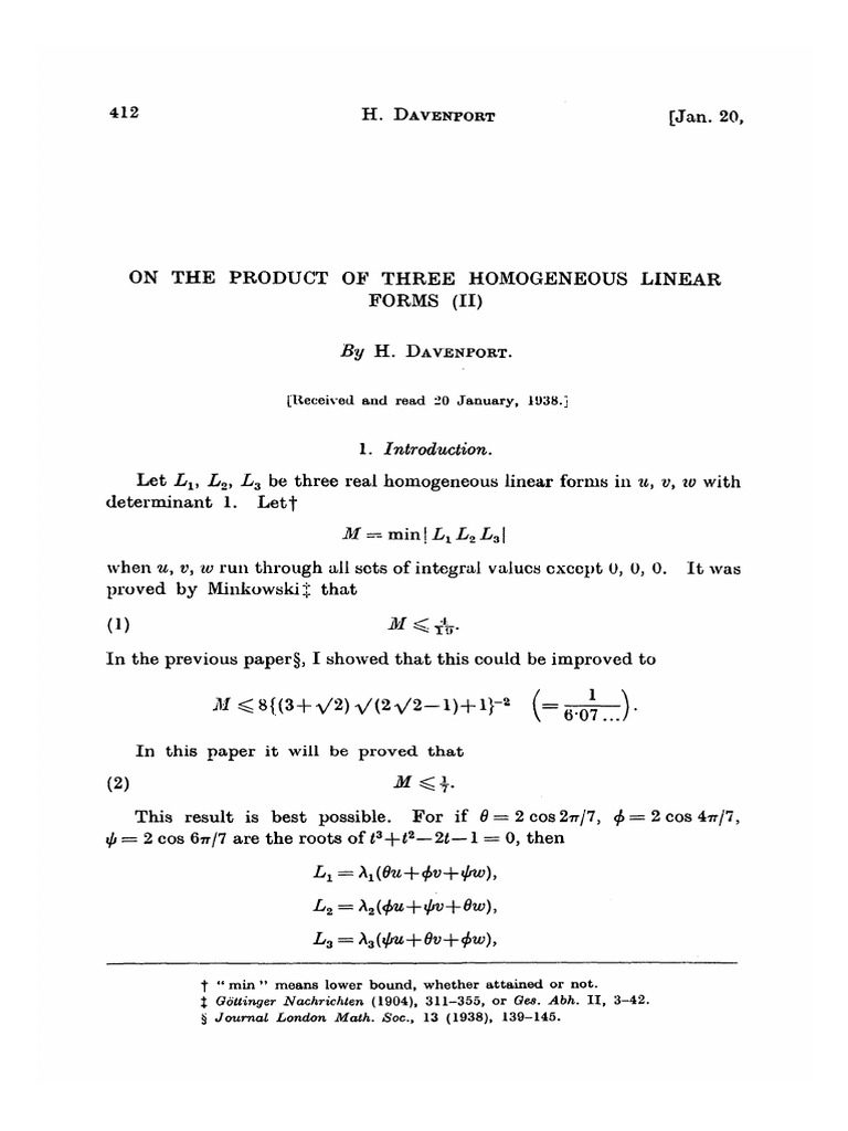 Davenport. On The Product of Three Homogeneous Linear Forms (II) - PLMS - 1938 | PDF