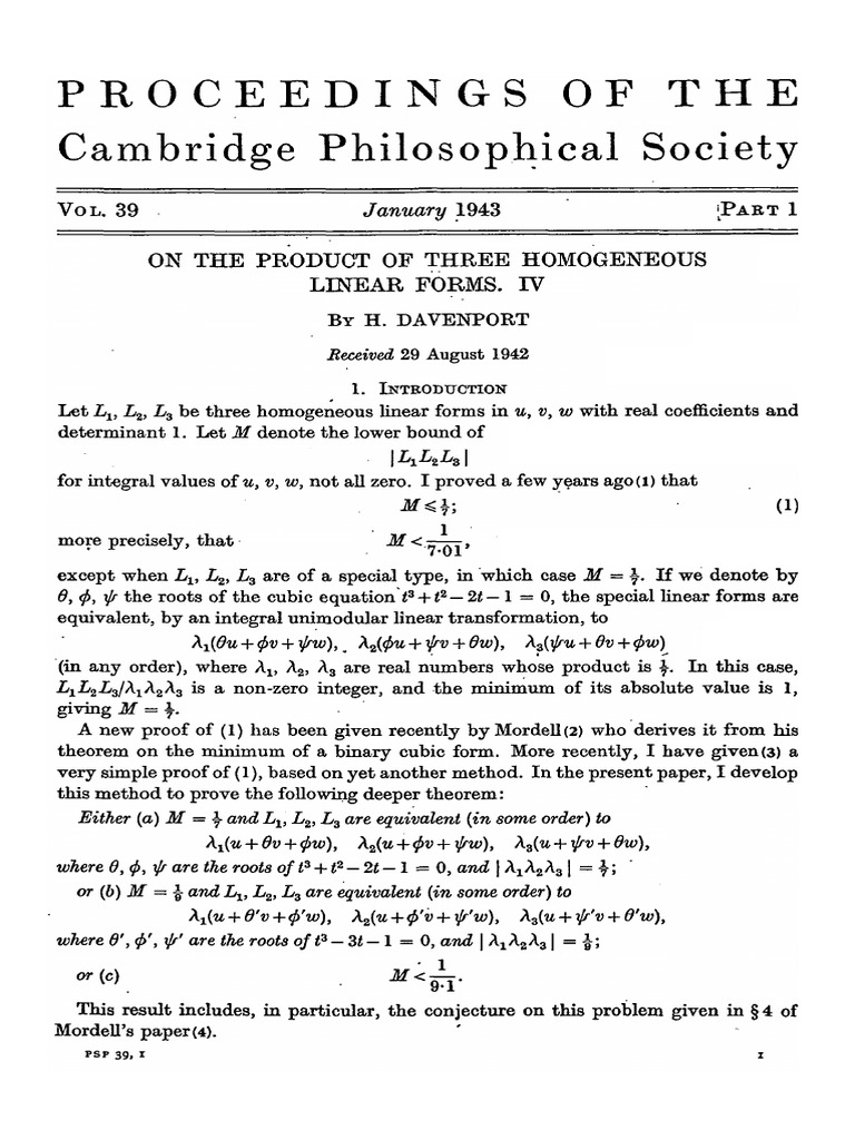 Davenport. On The Product of Three Homogeneous Linear Forms (IV) - MPCPS - 1943 | PDF