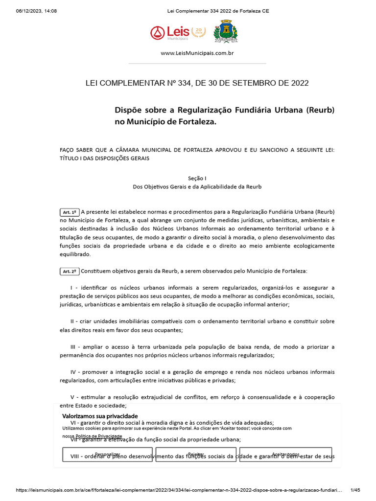 Lei Complementar 334 2022 de Fortaleza CE | PDF