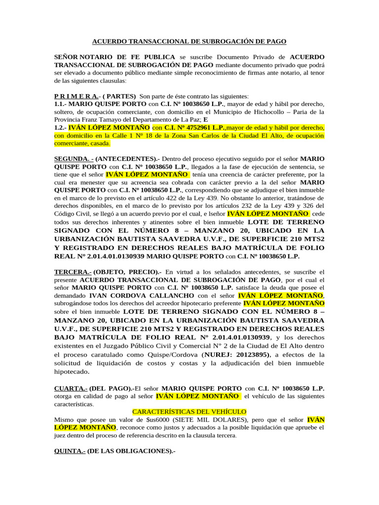 Acuerdo Transaccional de Subrogación de Pago Mario Quispe | PDF