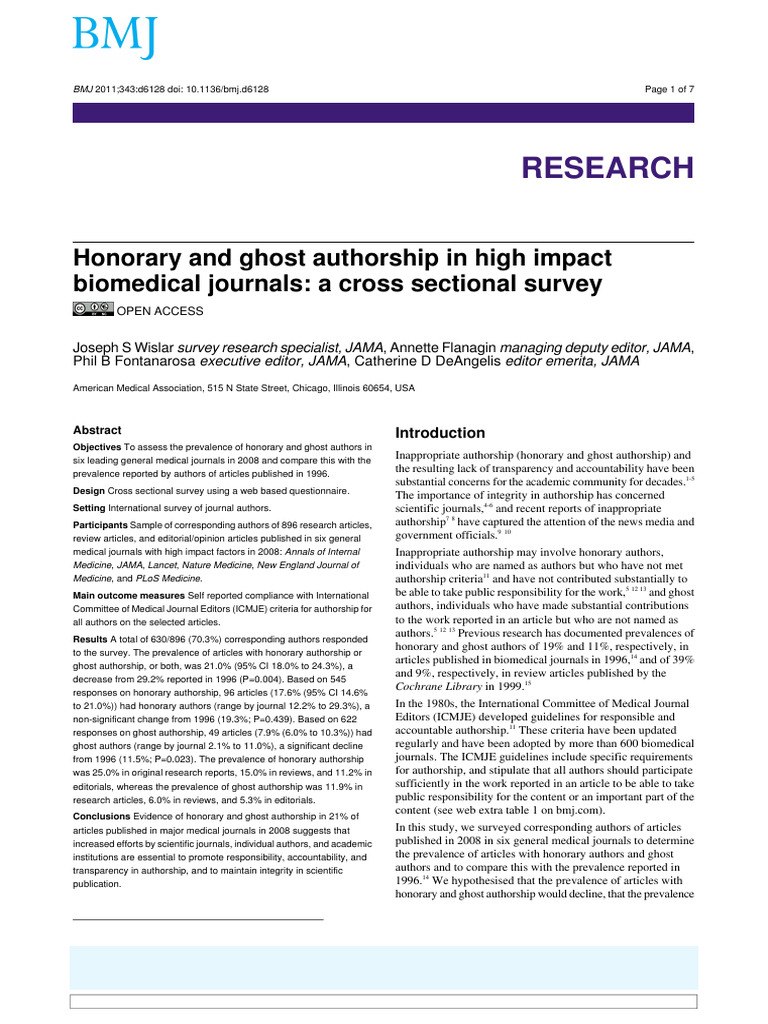 Honorary and Ghost Authorship in High Impact Journals | PDF | Sampling ...