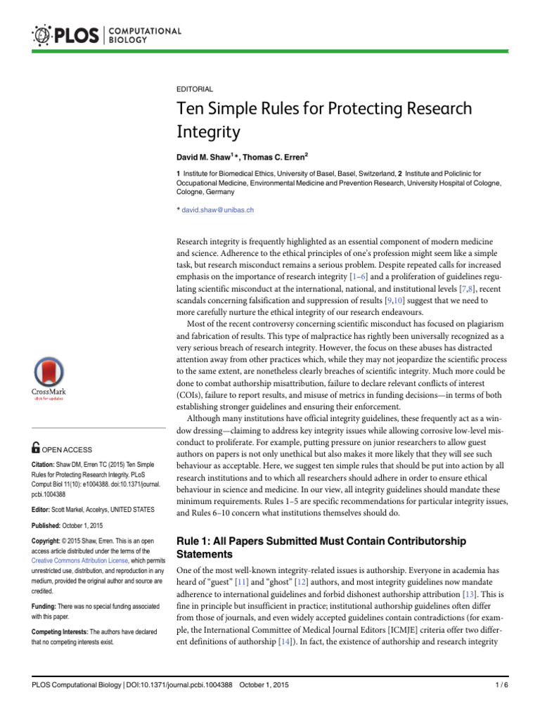 Ten Simple Rules For Protecting Research Integrity | PDF | Science ...