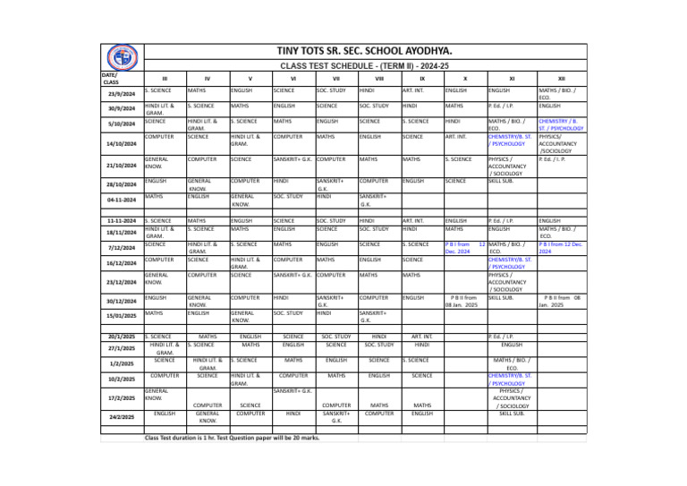 CLASS TEST SCHEDULE - Sheet6 | PDF