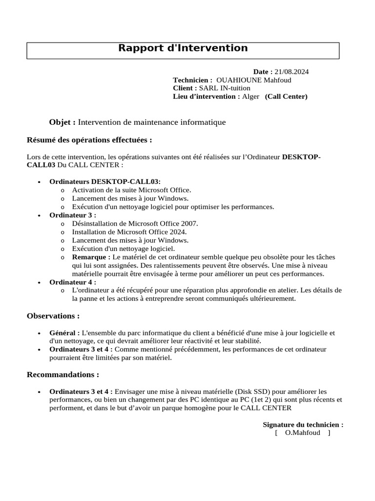 Rapport d'intervention 15 08 2024 | PDF