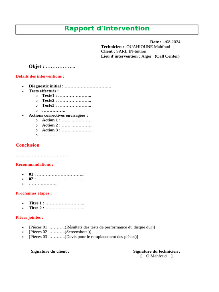 Rapport D'intervention M | PDF