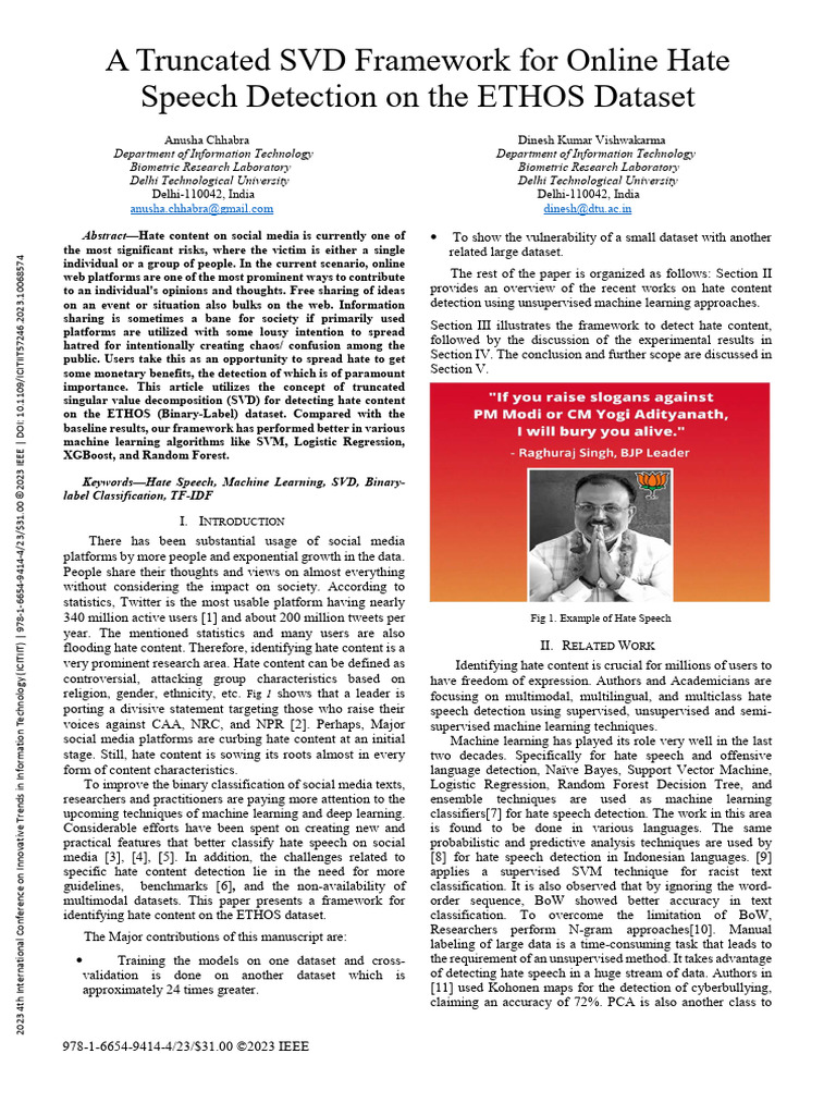 A Truncated Svd Framework For Online Hate Speech Detection On The Ethos