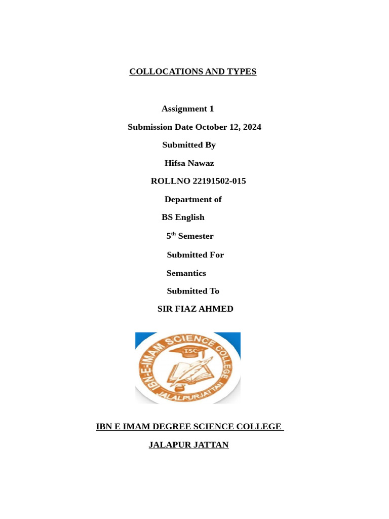 Collocation and Types (Semantics Assinment) | PDF | Word | Adjective