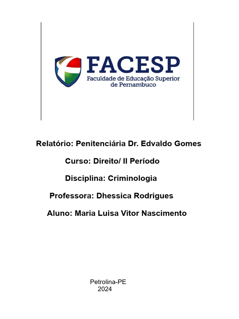 Relatório Penitenciária DR Edvaldo Gomes Capa de Malu PDF | PDF