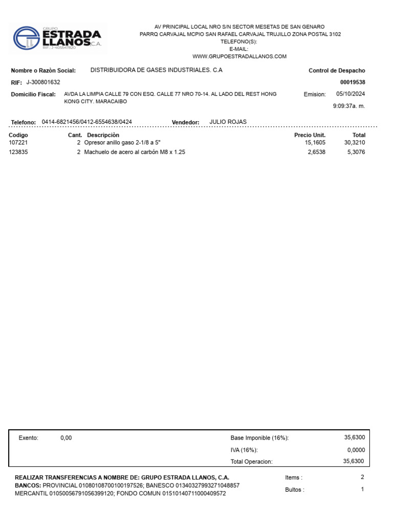 Control de Despacho Nombre o Razòn Social: Rif: 00019538 | PDF