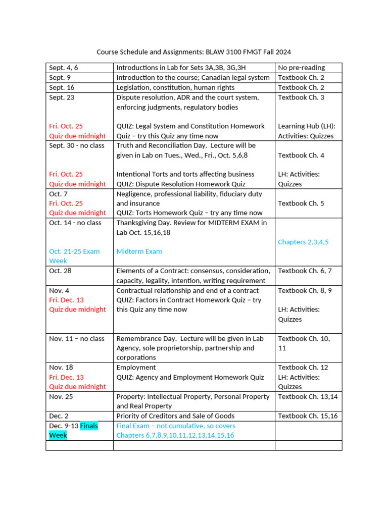 Course Schedule and Assignments Fall 2024 BLAW 3100 Course Outline | PDF