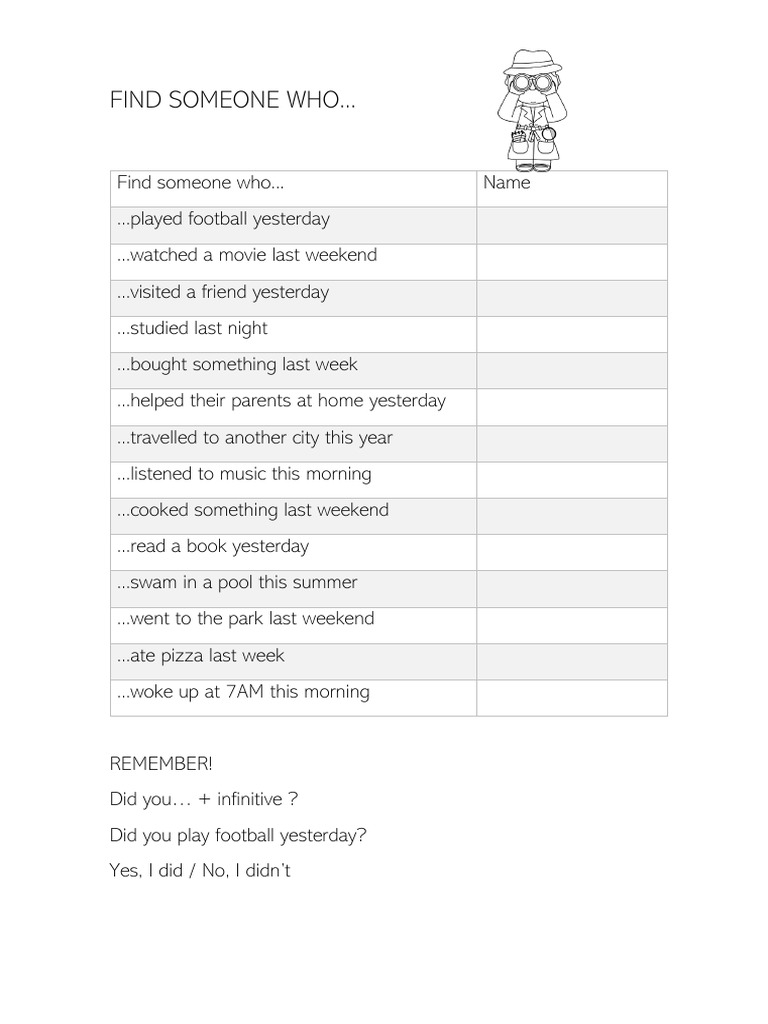 FIND SOMEONE WHO Past Simple | PDF