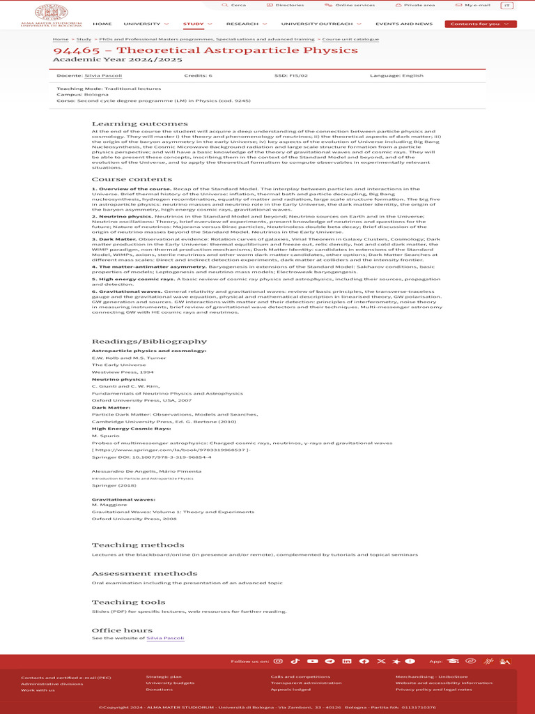 2024:2025 Theoretical Astroparticle Physics - University of Bologna | PDF