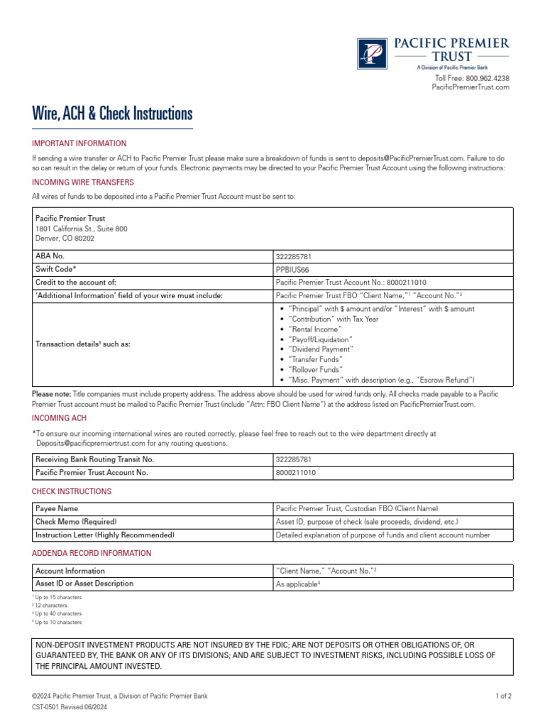 CST 0501 Incoming Wire ACH Check Instructions | PDF