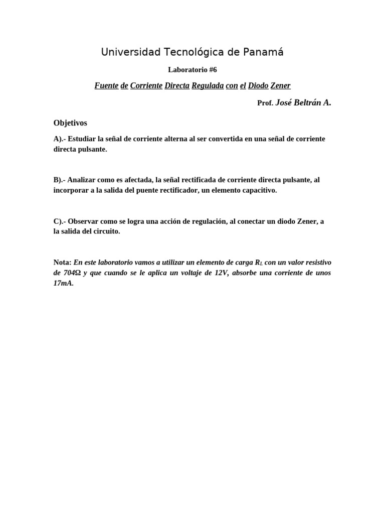 Lab. 6 Fuente de CD, Regulada Con Diodo Zener | PDF | Rectificador ...