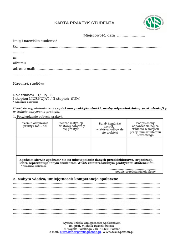 Karta Praktyk Studenta | PDF