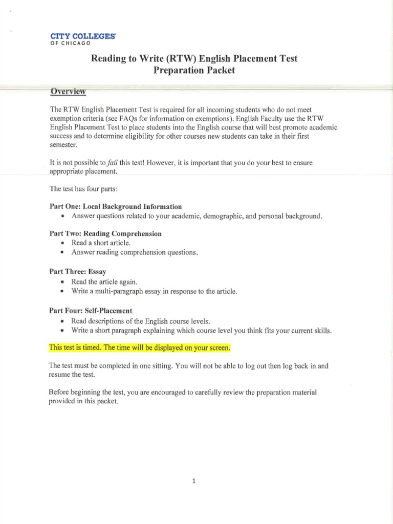 RTW English Placement Test Preparation Packet | PDF