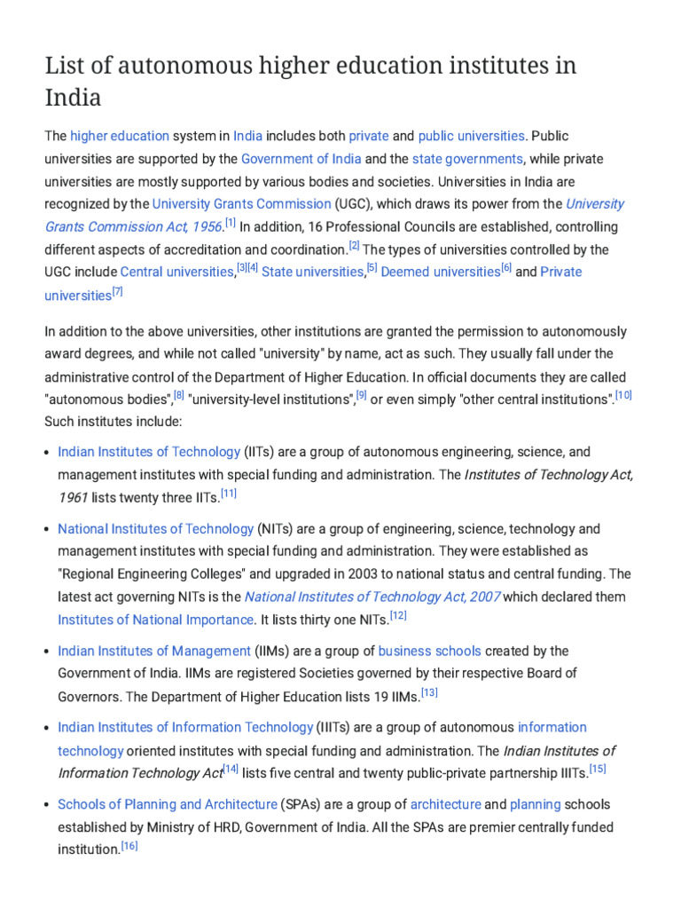 List of Autonomous Higher Education Institutes in India - Wikipedia | PDF