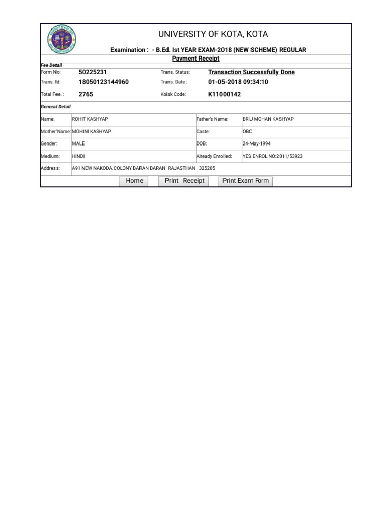 Uok Exam Receipt | PDF