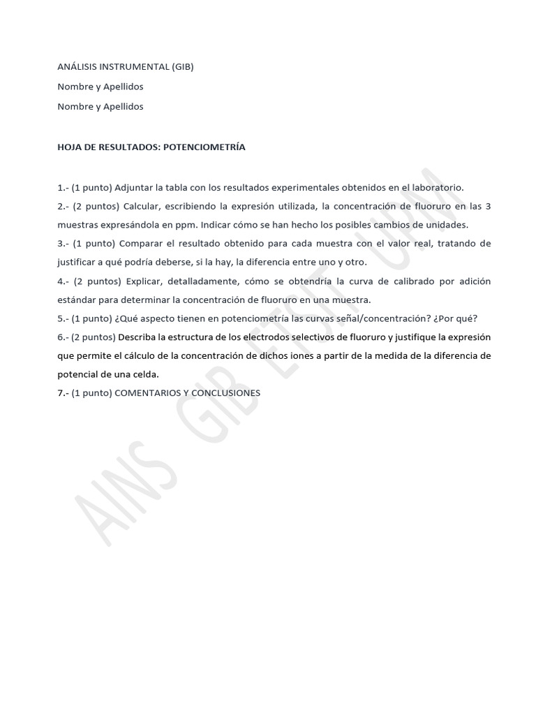 Hoja Resultados Potenciometría | PDF