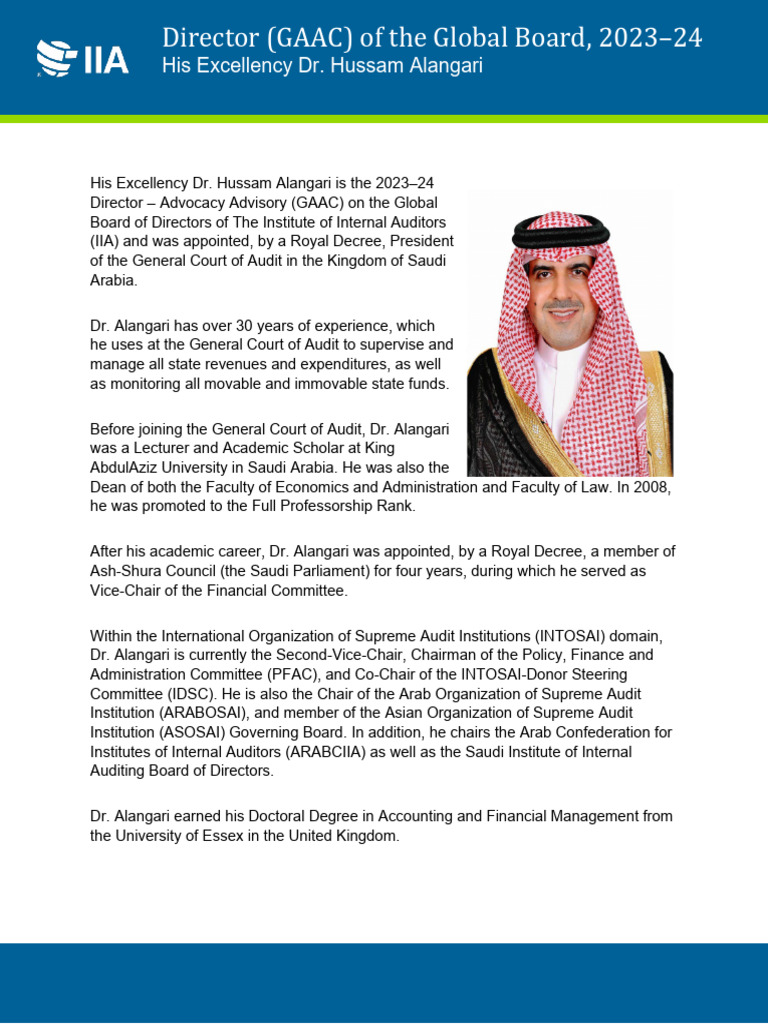 Dr. Hussam Alangari Bio - Global Board 2023 24 | PDF