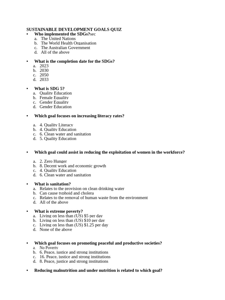 Sts SUSTAINABLE DEVELOPMENT GOALS QUIZ | PDF