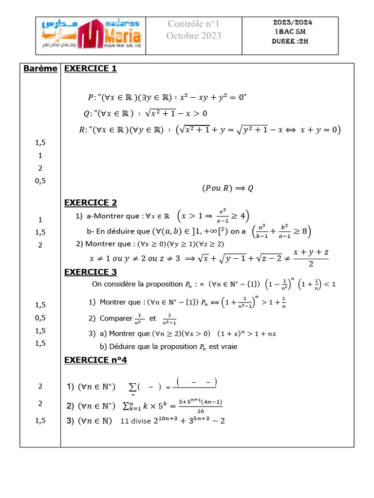 1BAC SM Contrôle N°1 (Modifié) | PDF