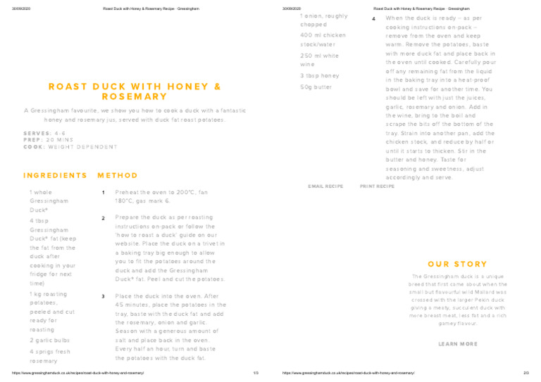 Roast Duck With Honey & Rosemary Recipe Gressingham | PDF