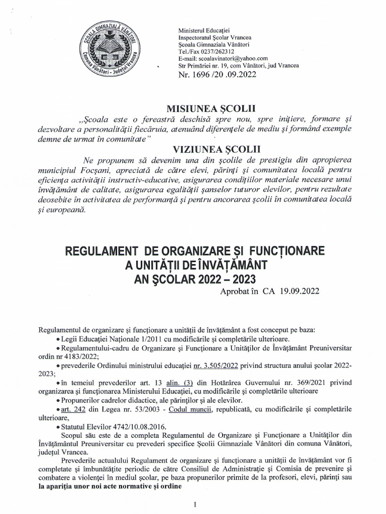 Regulament de Organizare Si Functionare A Unitatii de Invatamant An Scolar 2022-2023 | PDF