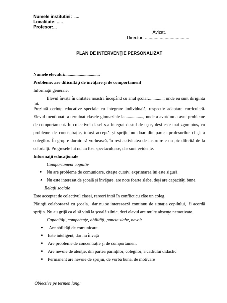 Plan de Interventie Elevi Cu Ces | PDF