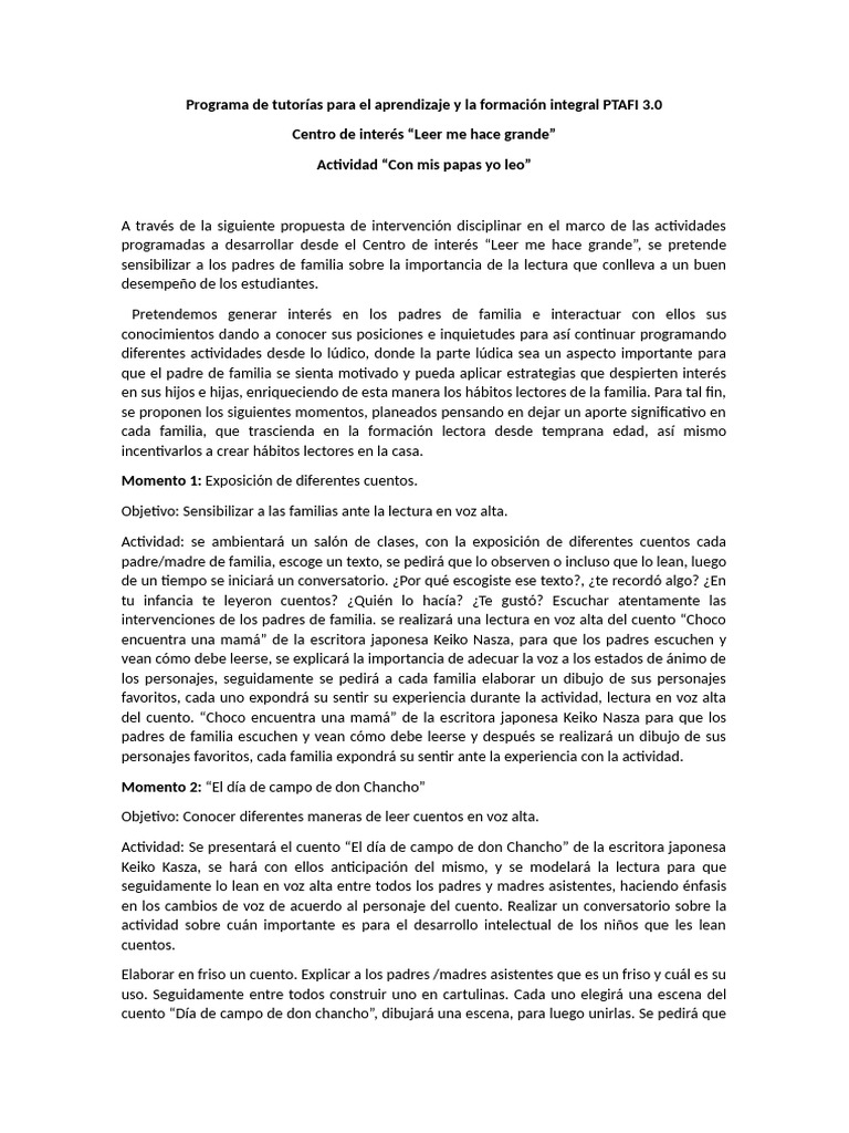 Acompñamiento A CI - Actividad Con Mis Papas Yo Leo - Programa de Tutorías para El Aprendizaje y ...