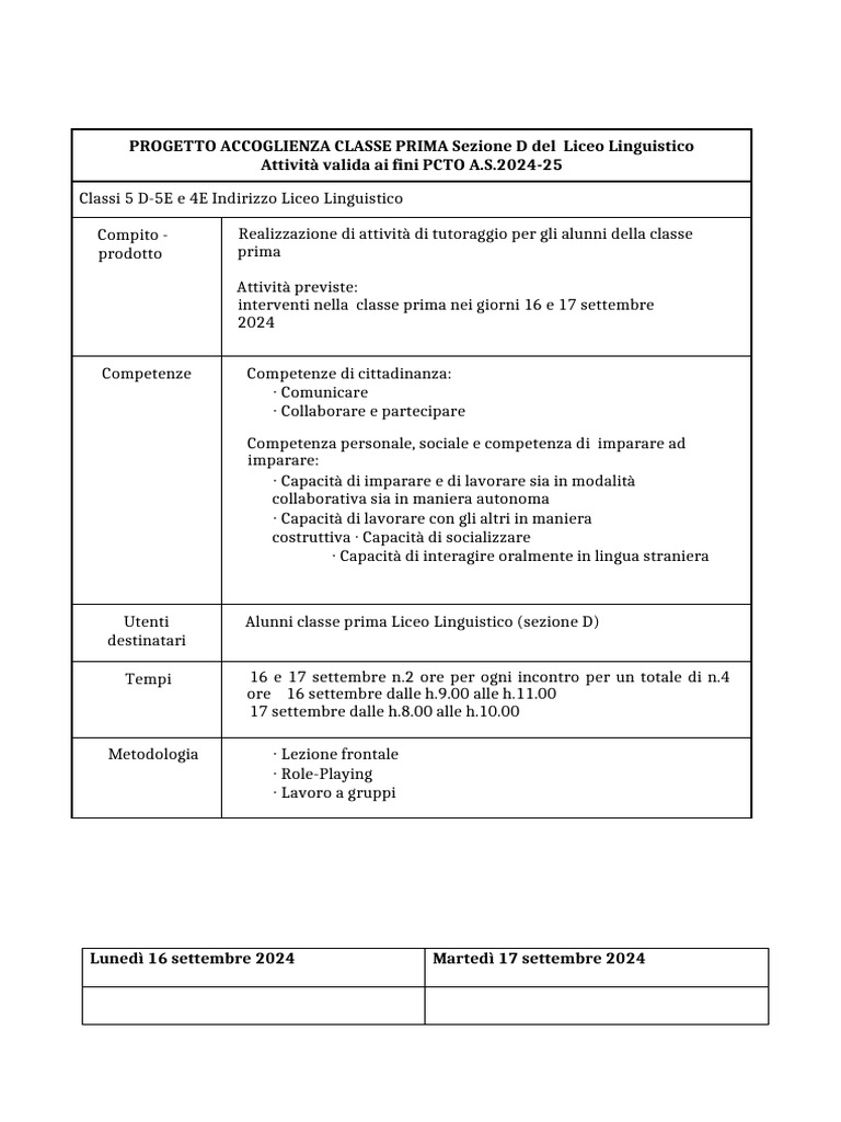Progetto Accoglienza Classi Prime Liceo Linguistico 2024-25 | PDF