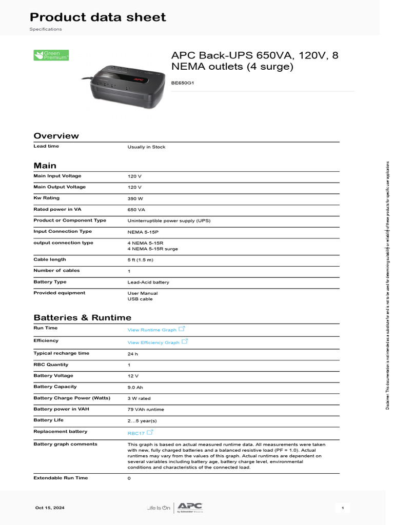 APC BackUPS BE650G1 | PDF