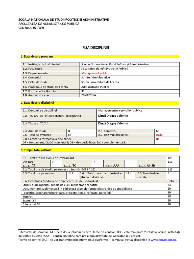 Model Fisa Disciplinei ID MSP | PDF