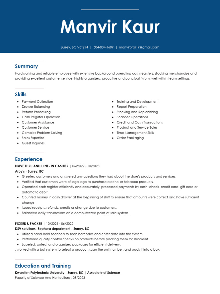 Manvir - Kaur - Resume | PDF