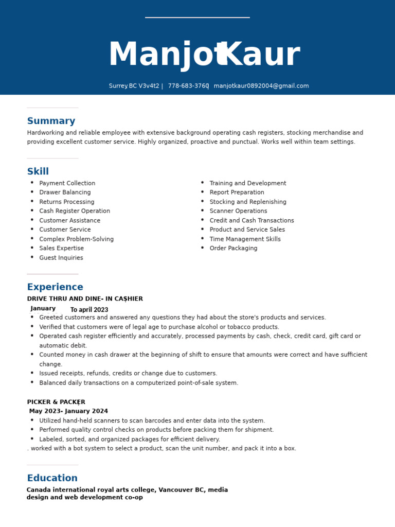 Manjot Kaur Resume | PDF