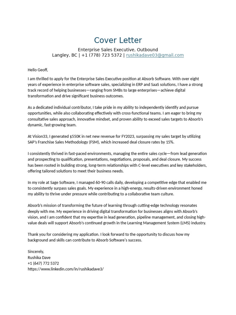 Cover Letter - Absorb Software | PDF