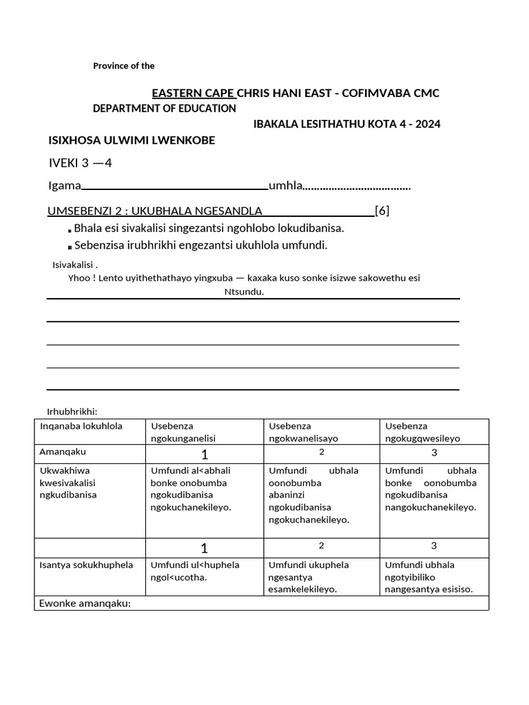 Ibanga 3 Isixhosa HL Formal Task Term 4 2024 | PDF