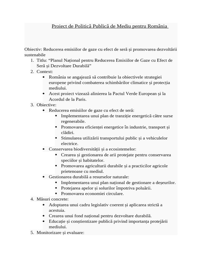 Proiect de Politică Publică de Mediu Pentru România | PDF