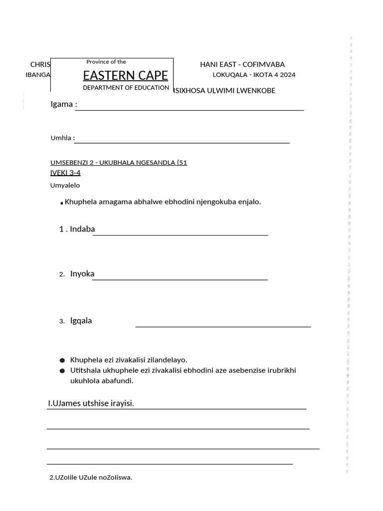 Ibanga 1 Isixhosa Formal Task TRM 4 2024 | PDF