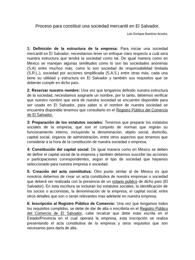 Proceso para Constituir Una Sociedad Mercantil en El Salvador | PDF