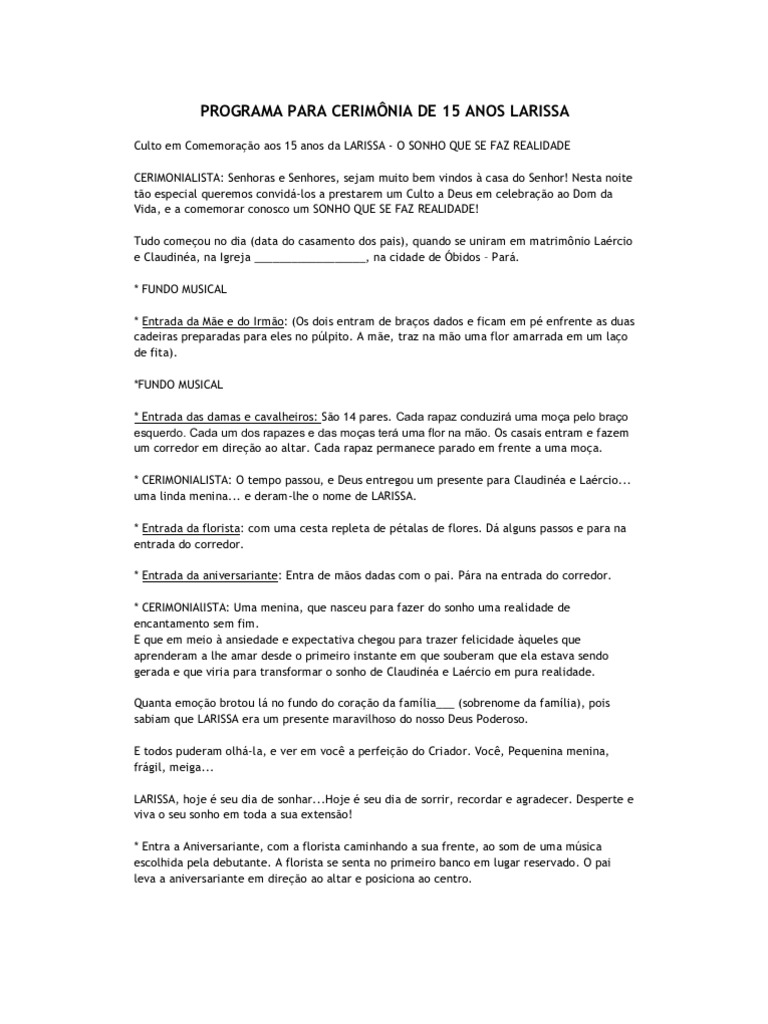 Programa para Cerimônia de 15 Anos Larissa | PDF | Amor | Oração