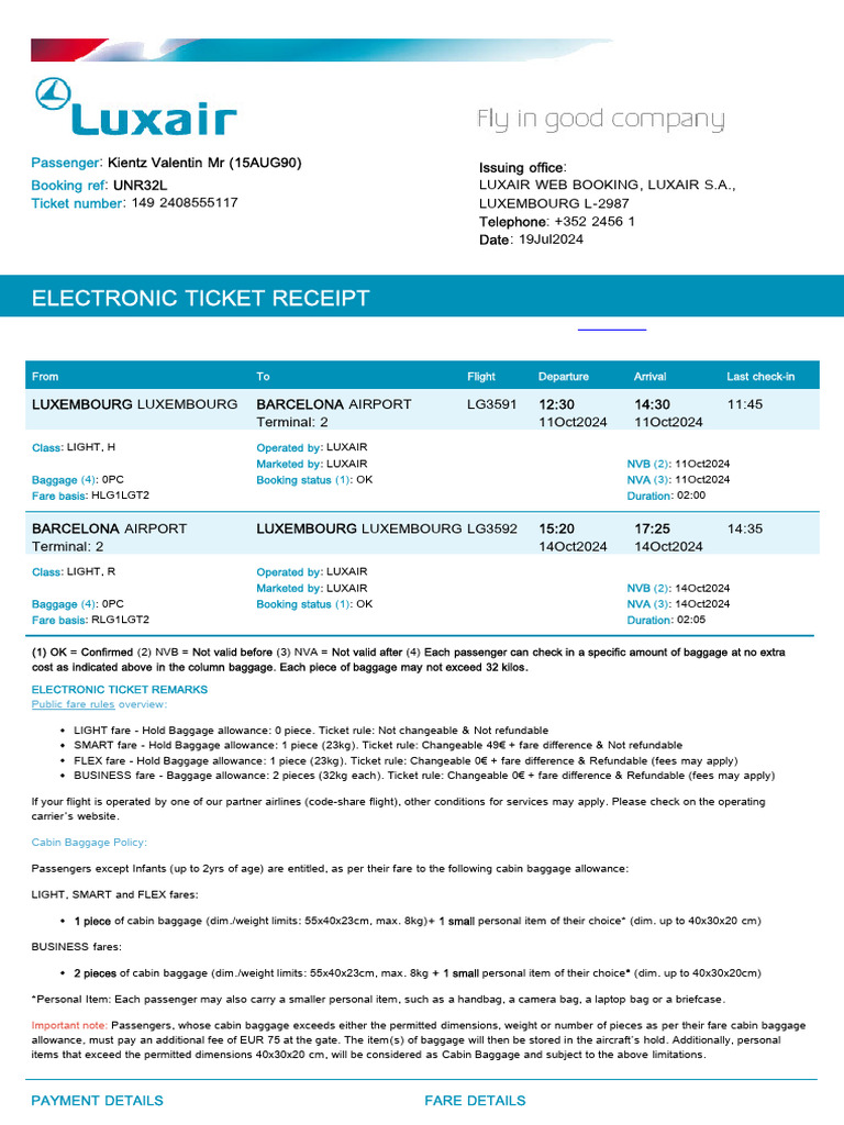 Your Luxair E-Ticket Receipt | PDF