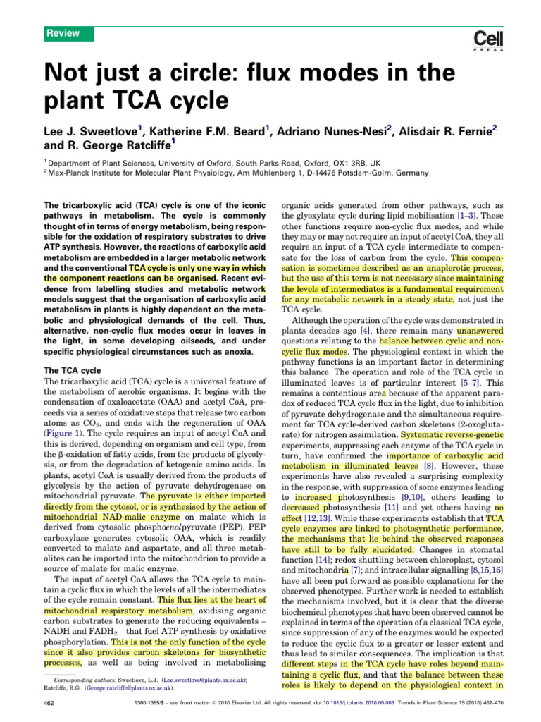 1 Sweetlove 2010 Not Just A Circle Flux Modes in The Plant TCA Cycle | PDF