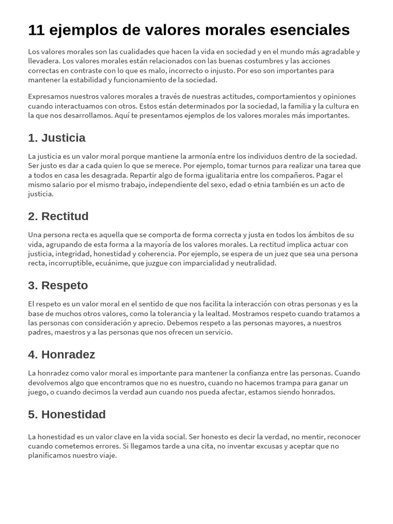 11 ejemplos de valores morales esenciales | PDF