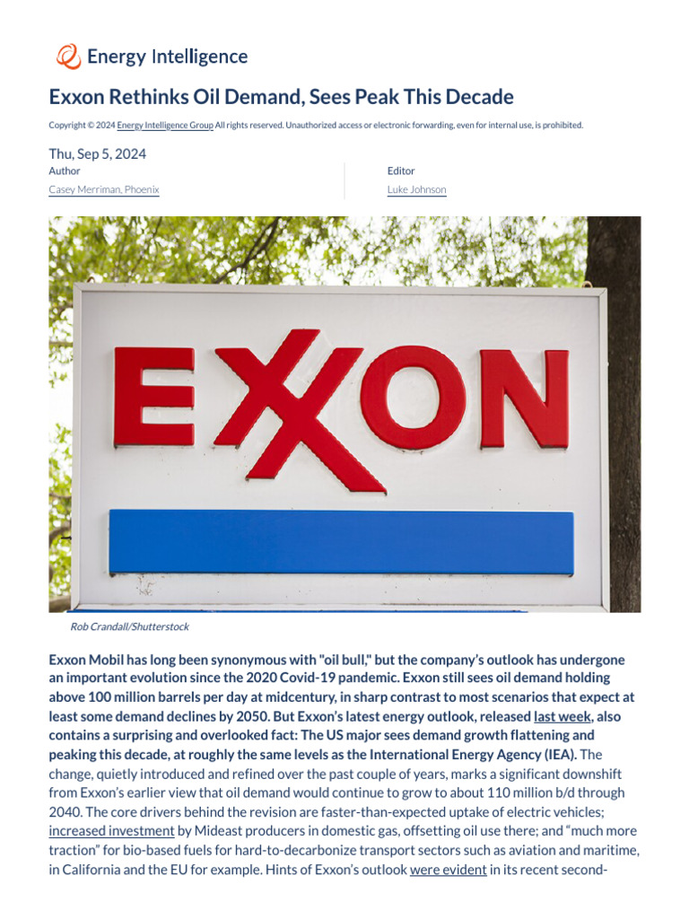 Exxon Rethinks Oil Demand, Sees Peak This Decade - Energy Intelligence ...