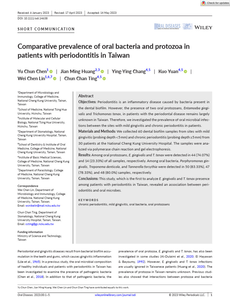 Oral Diseases - 2023 - Chen - Comparative Prevalence of Oral Bacteria ...