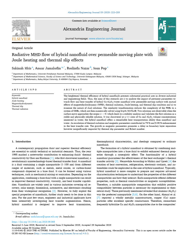 Radiative MHD Flow of Hybrid Nanofluid Over Permeable Moving Plate With | PDF
