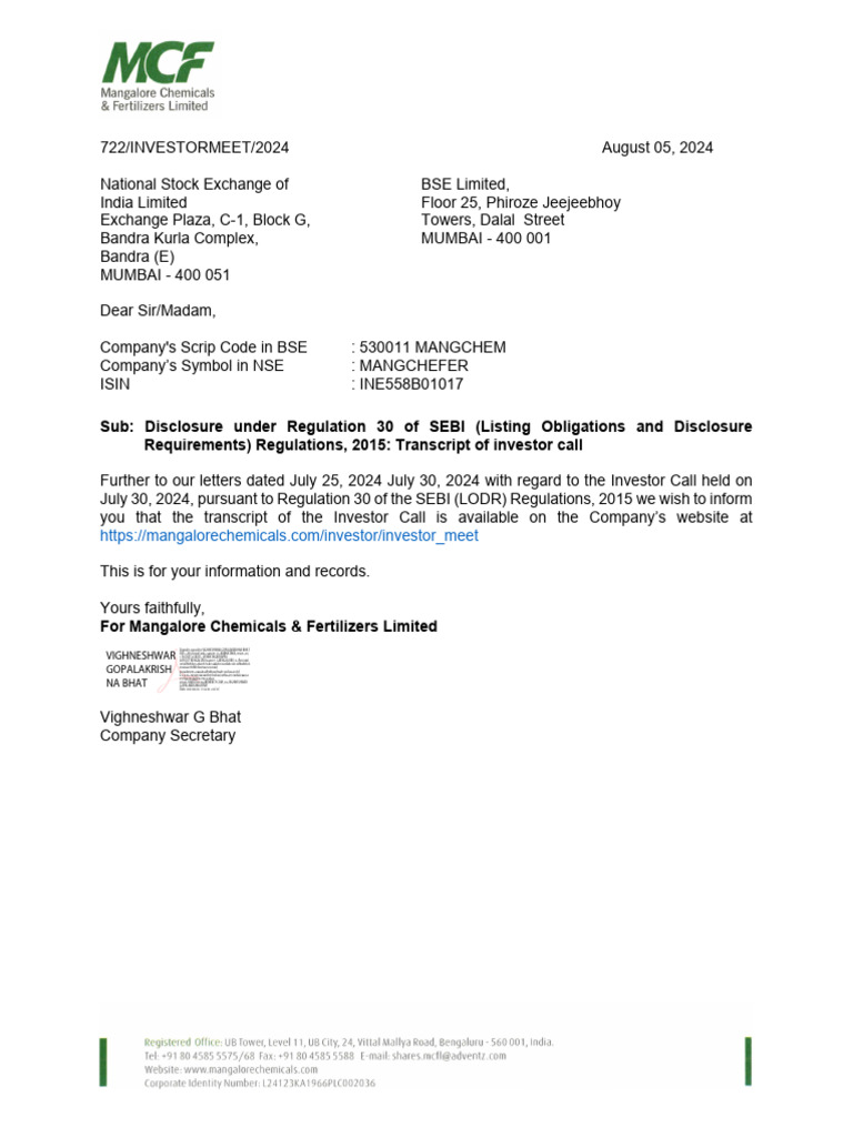 Sub: Disclosure Under Regulation 30 of SEBI (Listing Obligations and ...