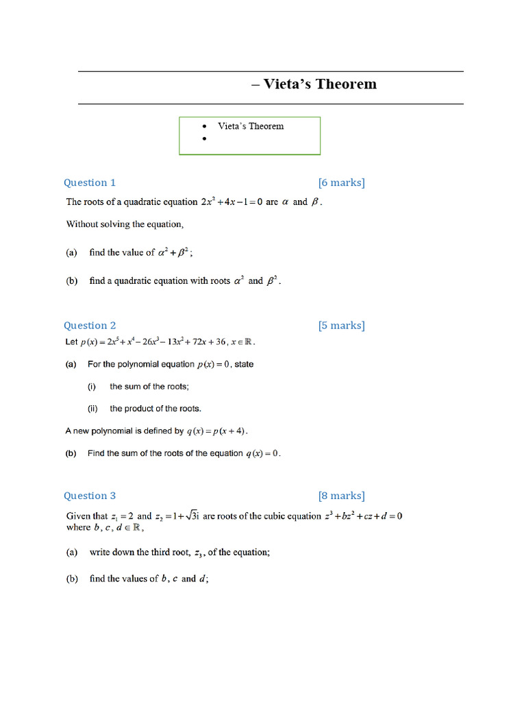 Functions HL - Vieta's Theorem | PDF