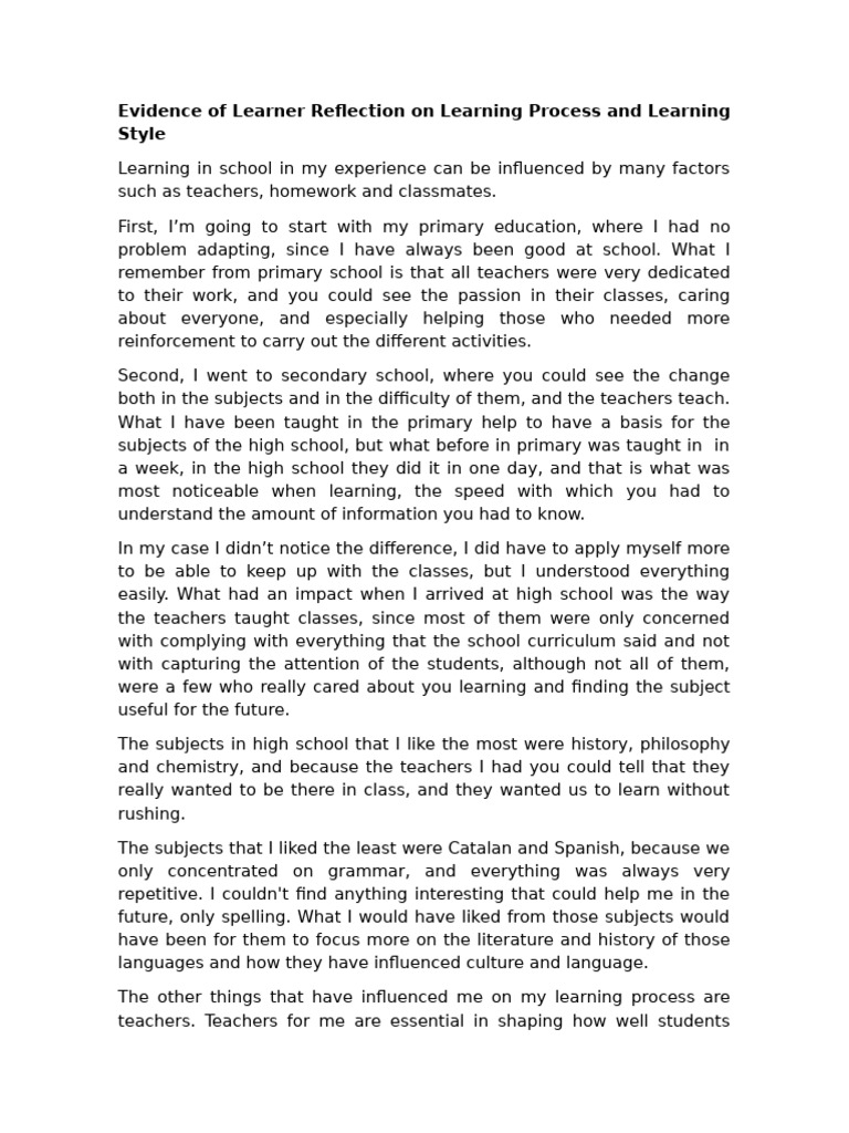 Evidence of Learner Reflection On Learning Process and Learning Style | PDF